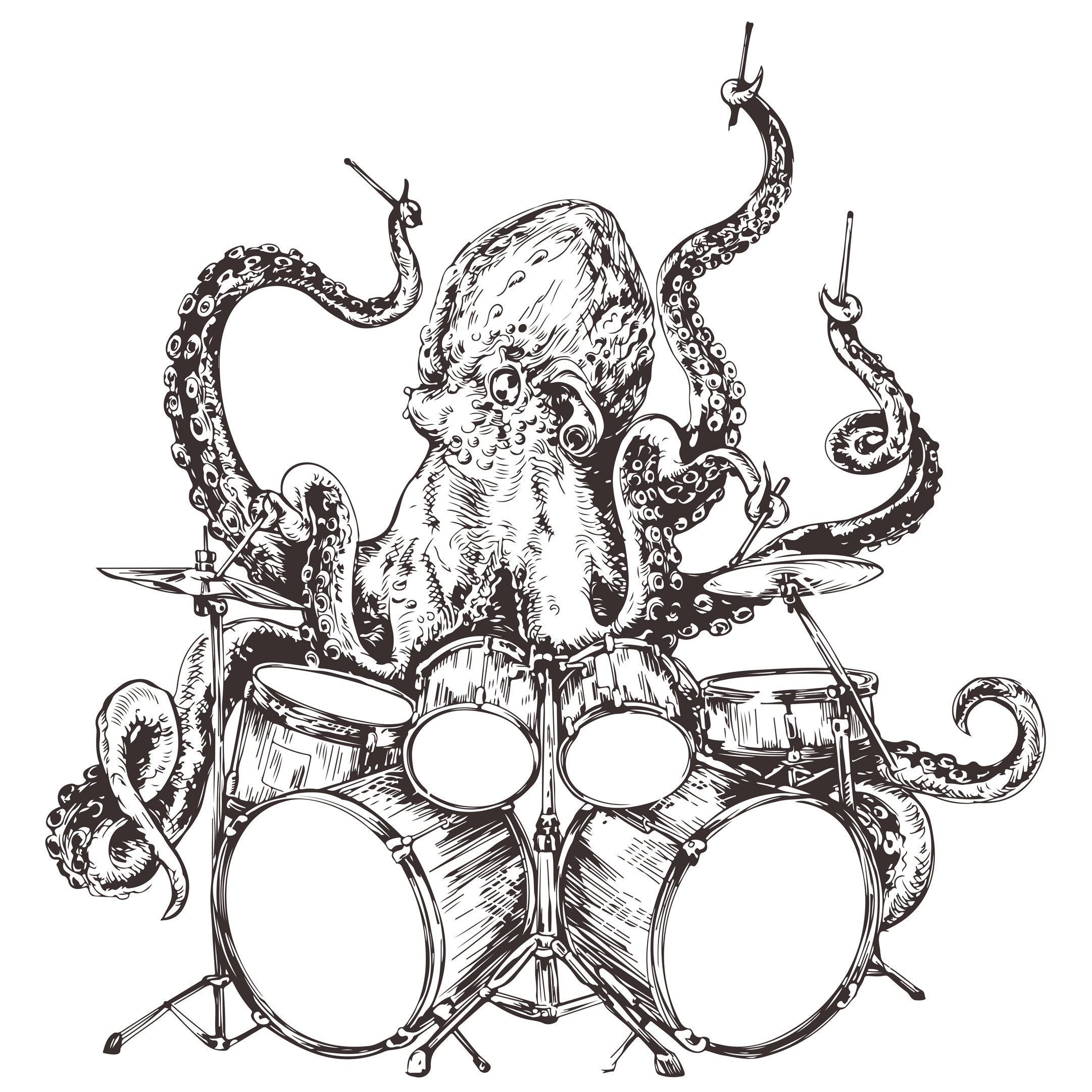 Octopus Playing Percussion Musician Tattoo Illustration Print ...