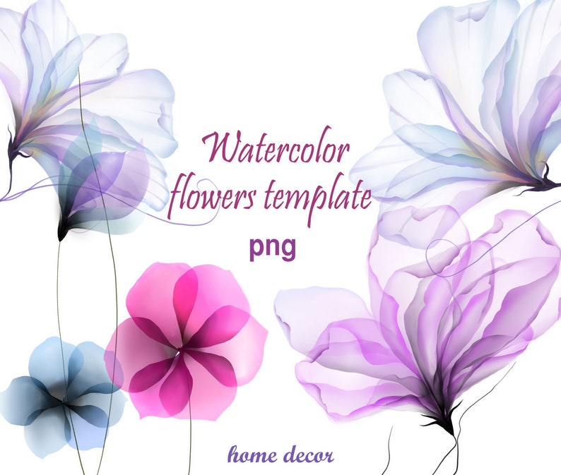 100% 3 Printable Image on a Transparent Background Watercolor Flowers ...