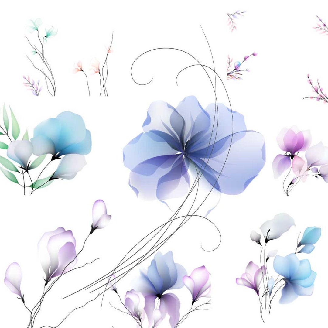 100% 9 Printable Image on a Transparent Background Watercolor Flowers ...