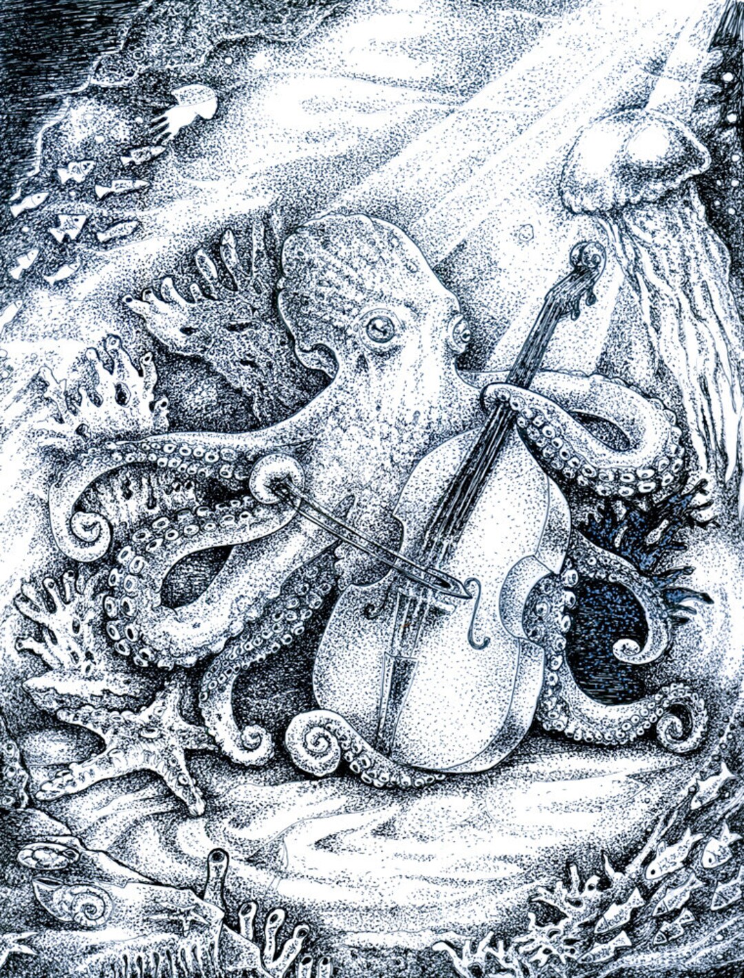 Octopus Playing the Cello and Underwater World Tattoo for Printing on T ...