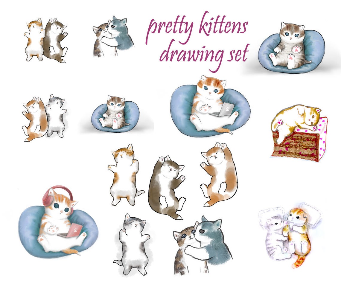 100% Set Cute Kittens Illustration Lying Little Pretty Kittens Drawing ...