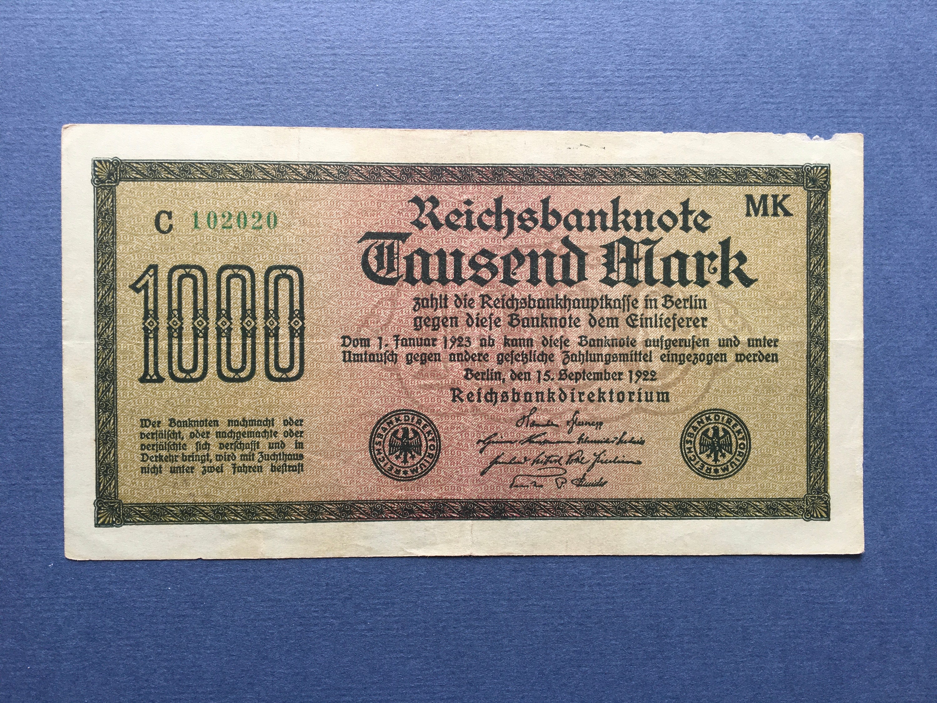 Germany Reichsbank 1000 Mark Banknote 1922. Old German Paper - Etsy