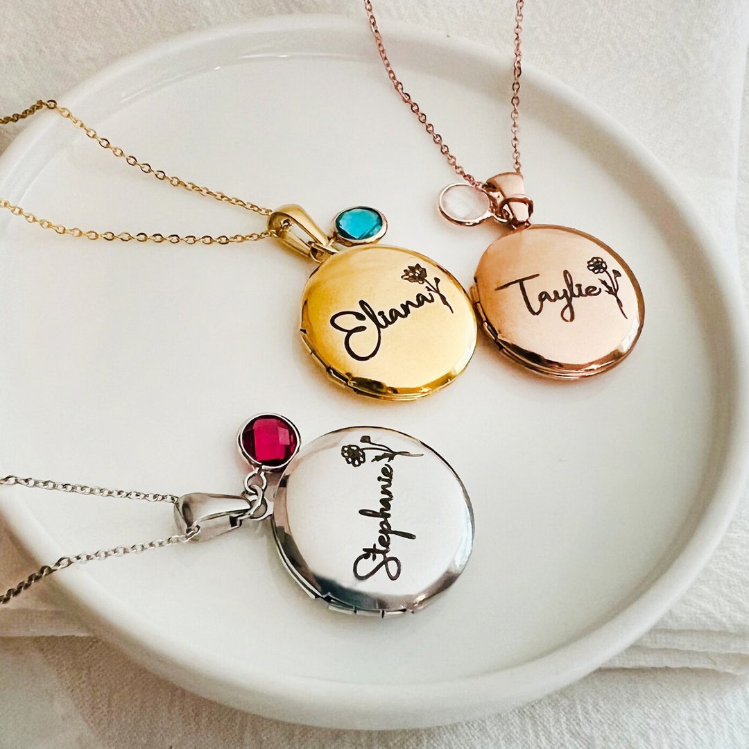 Locket Necklace With Photo, Girls Circle Locket With Name, Birth Flower ...
