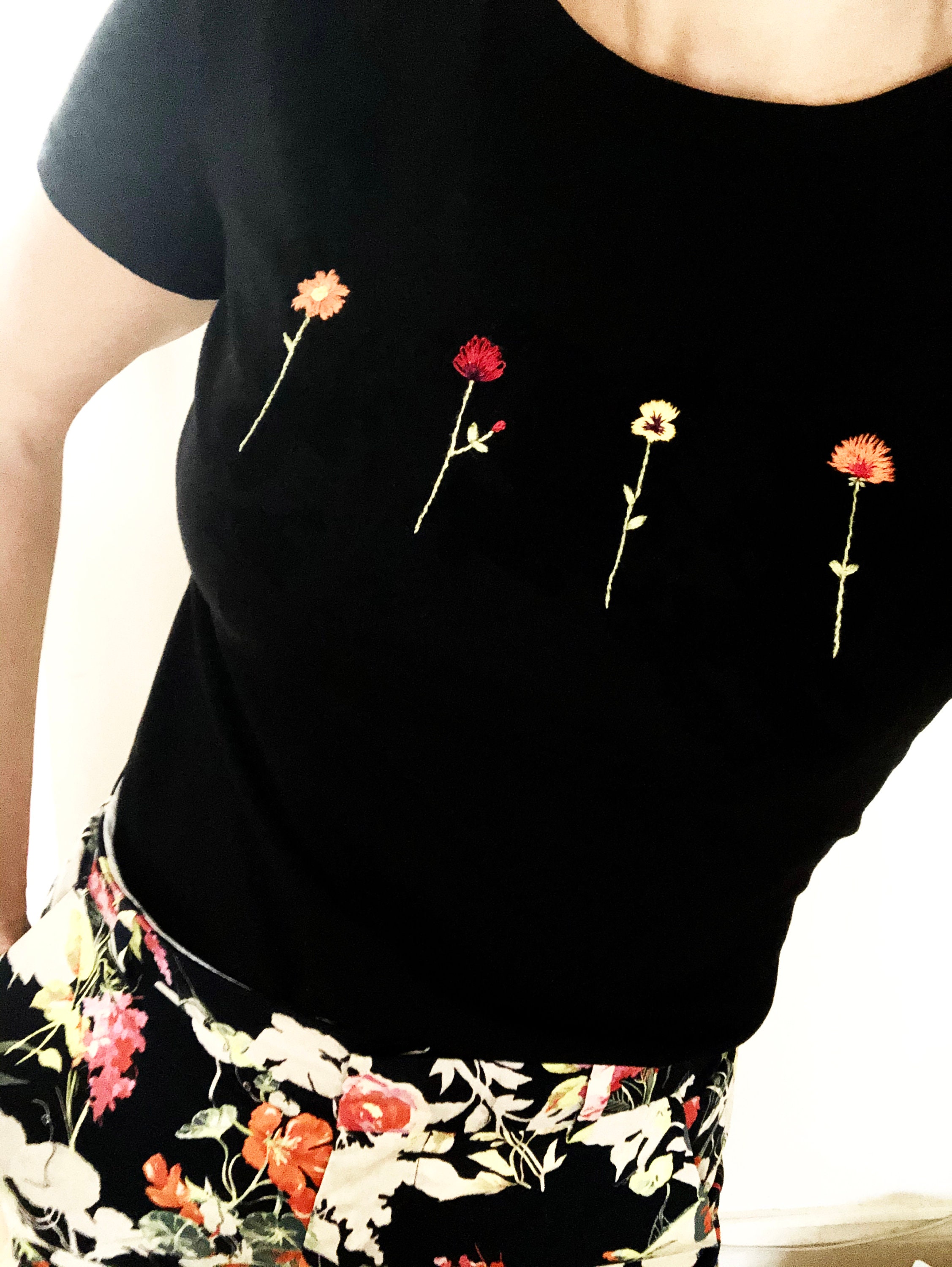 Hand Embroidered Flowers On Cotton White Or Black T Shirt Size Etsy