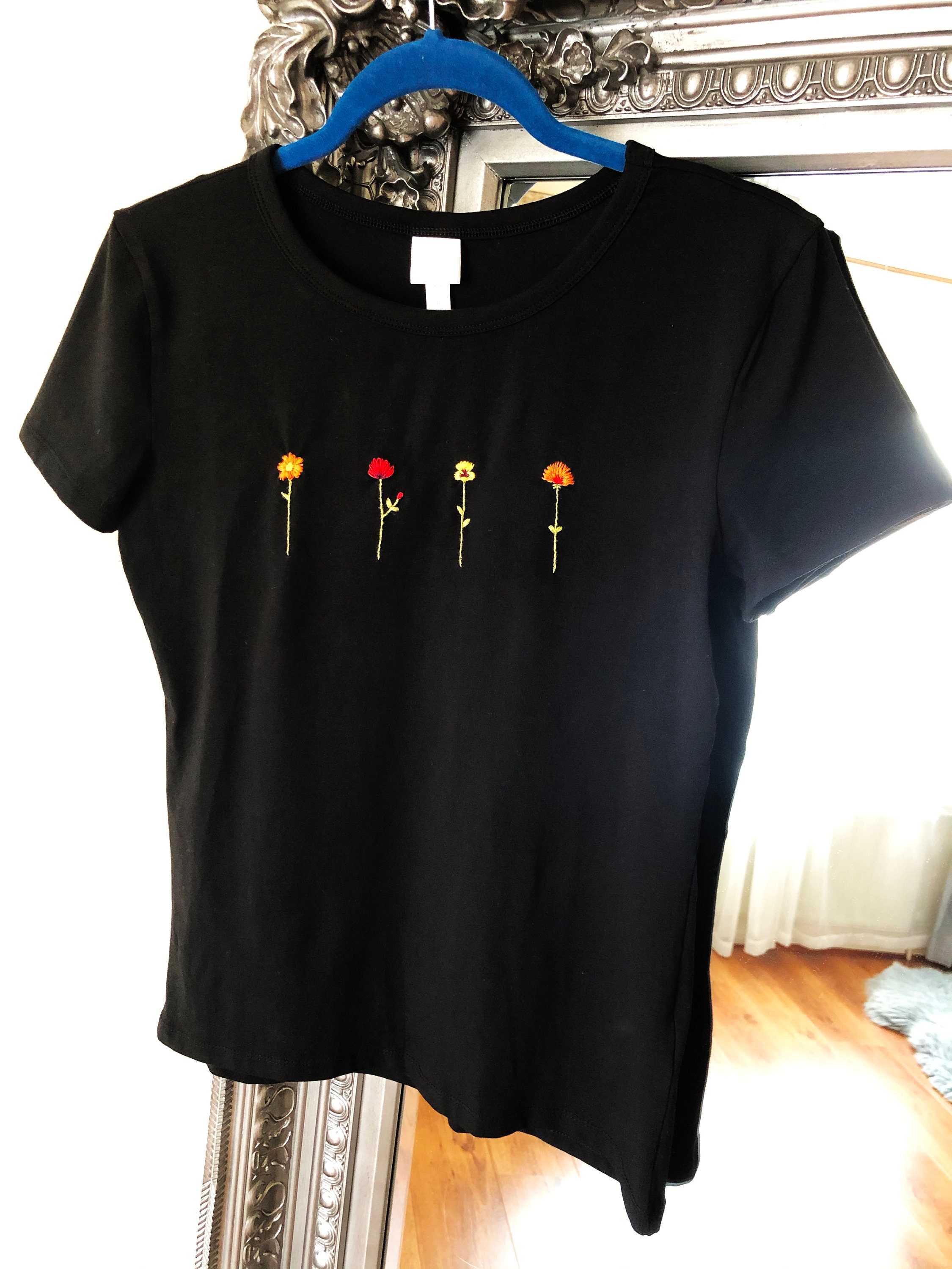 Hand Embroidered Flowers On Cotton White Or Black T Shirt Size Etsy