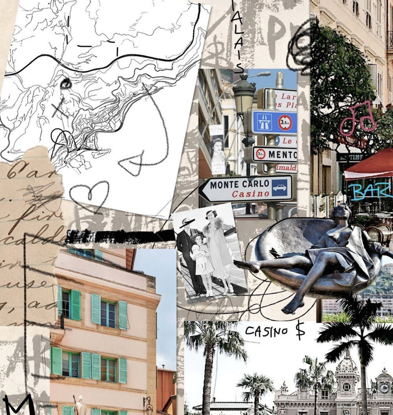 Monaco, Urban Pop Art, Collage Design, City Map Scribble, Casino Monte ...