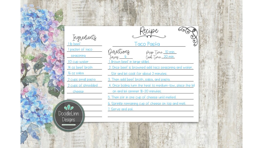Whimsical Recipe Card Template, Printable Recipe Card, 3x5in, 4x6in ...