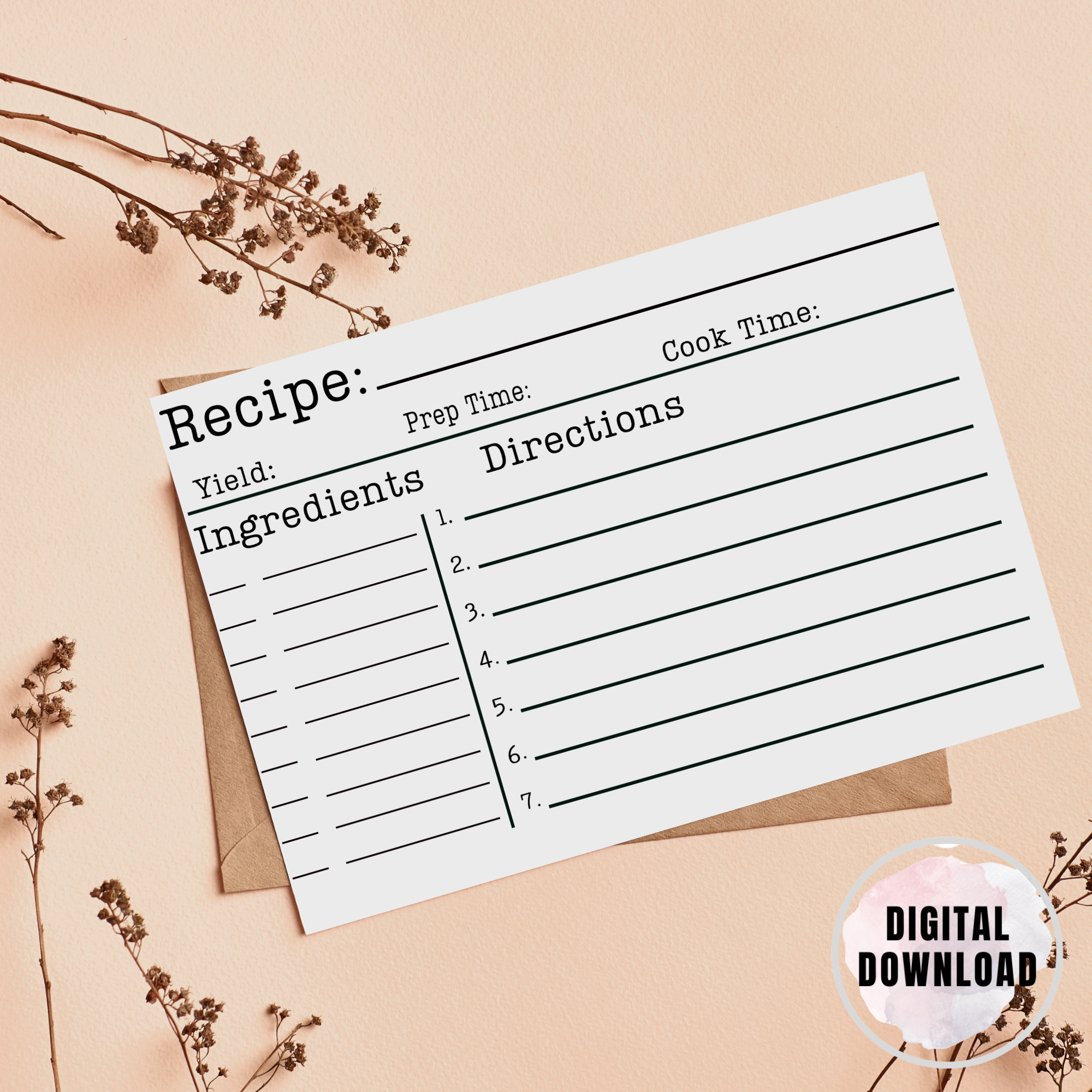 Minimalist Vintage Recipe Card Template, Printable Recipe Card ...