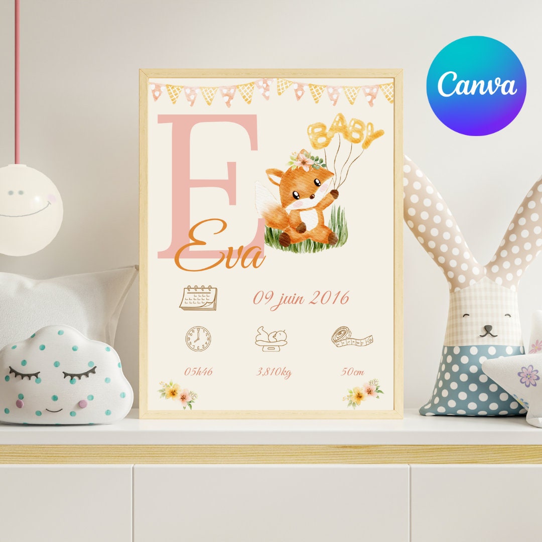 Baby Fox Birth Poster Template / Date, Hours, Weight, Height / Digital ...