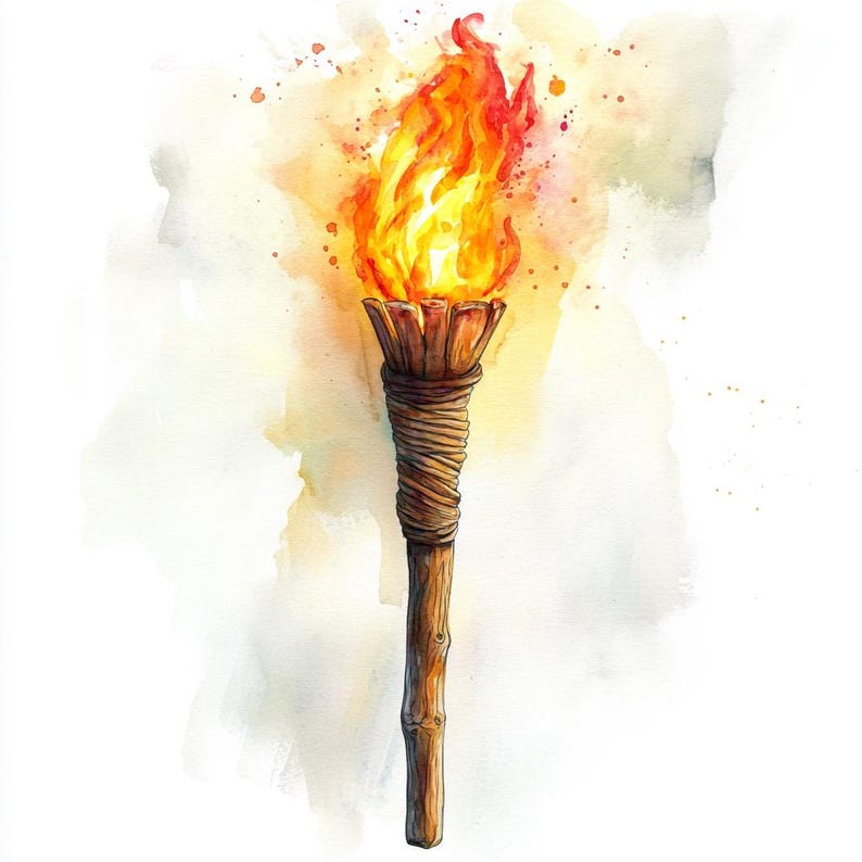 Watercolor Torch Clipart Bundle: Flame Light Graphics, 10 Watercolor ...