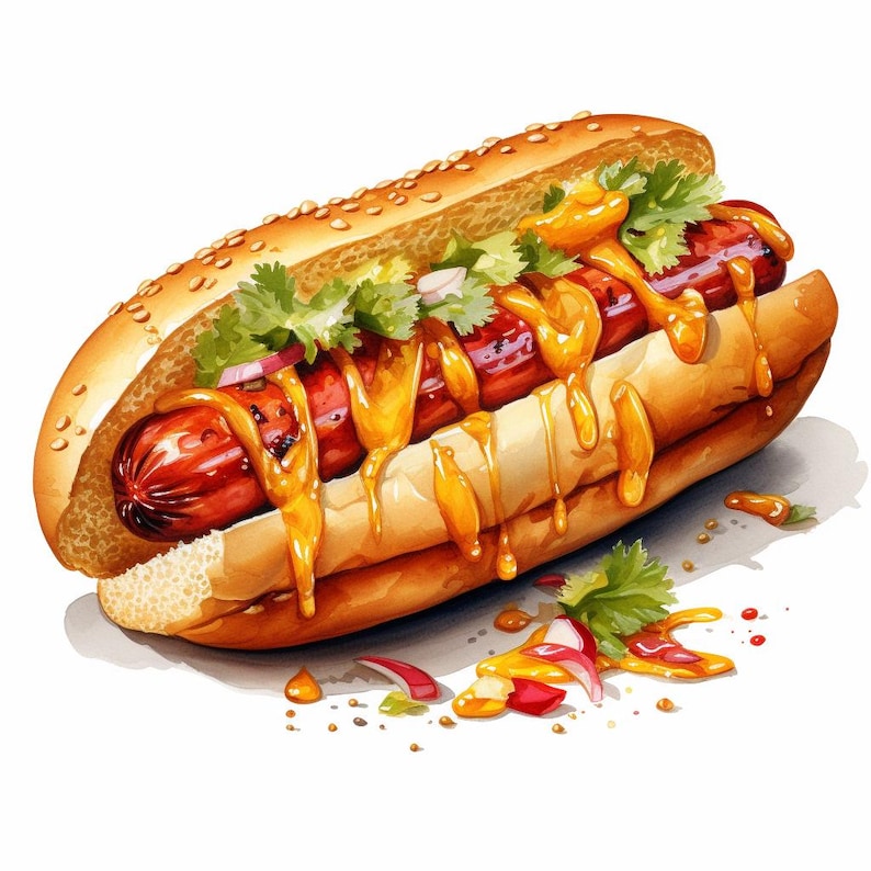 Watercolor Hot Dog Clipart Bundle: Fast Food Art, 10 Watercolor JPG ...