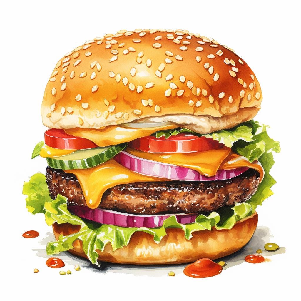 Burger, Printable Watercolor Clipart Bundle, 10 High Quality Watercolor ...