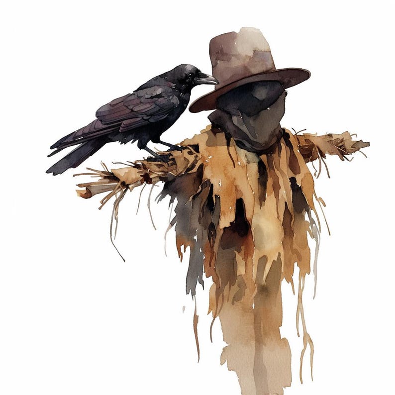 Crow on Scarecrow Watercolor Clipart Bundle, 10 Watercolor JPG, Instant ...