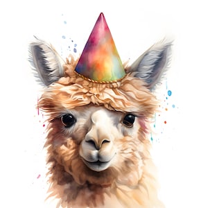 Alpaca in a Birthday Hat, Printable Watercolor Clipart, 10 High Quality ...