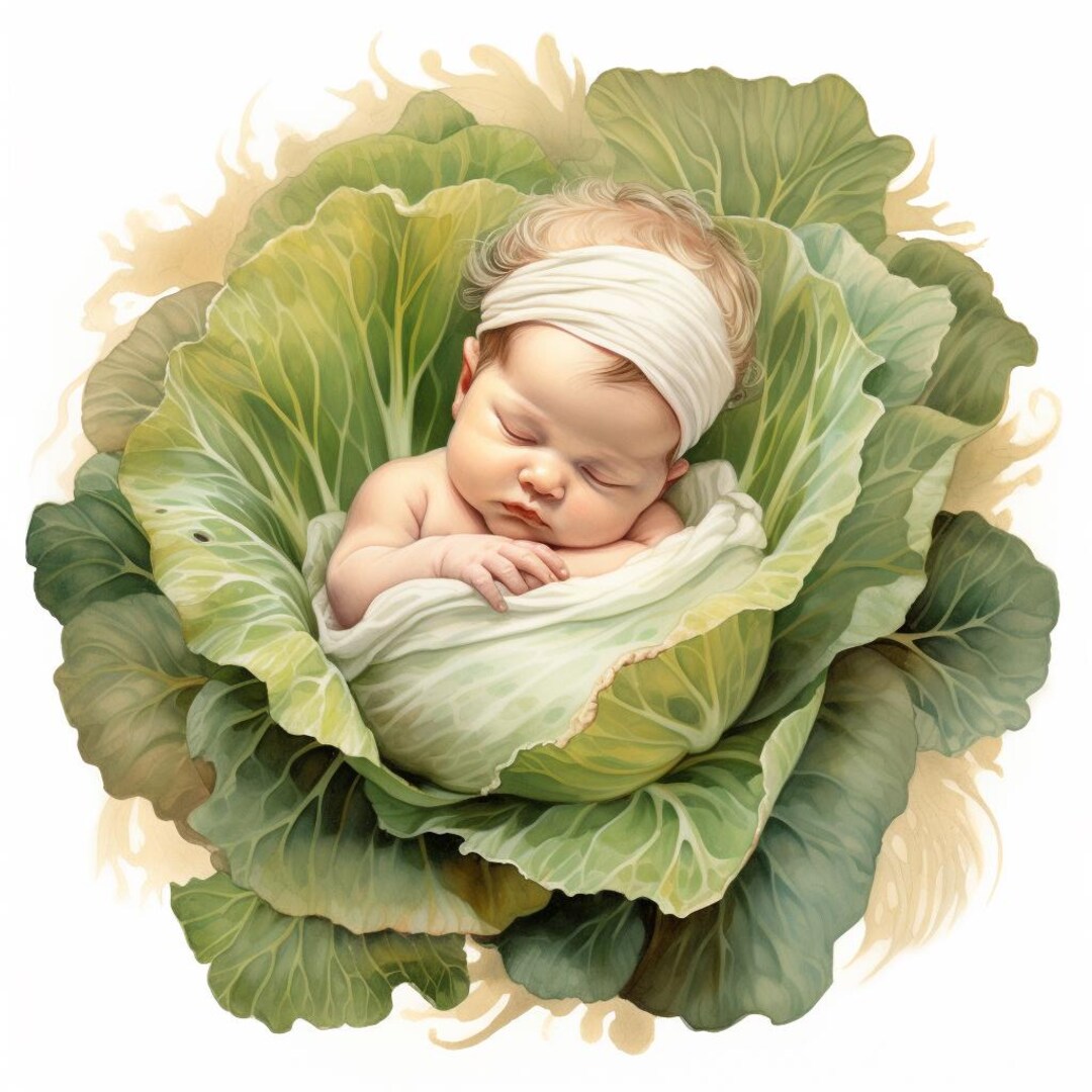 Little Baby in Cabbage, Printable Watercolor Clipart, 10 High Quality ...