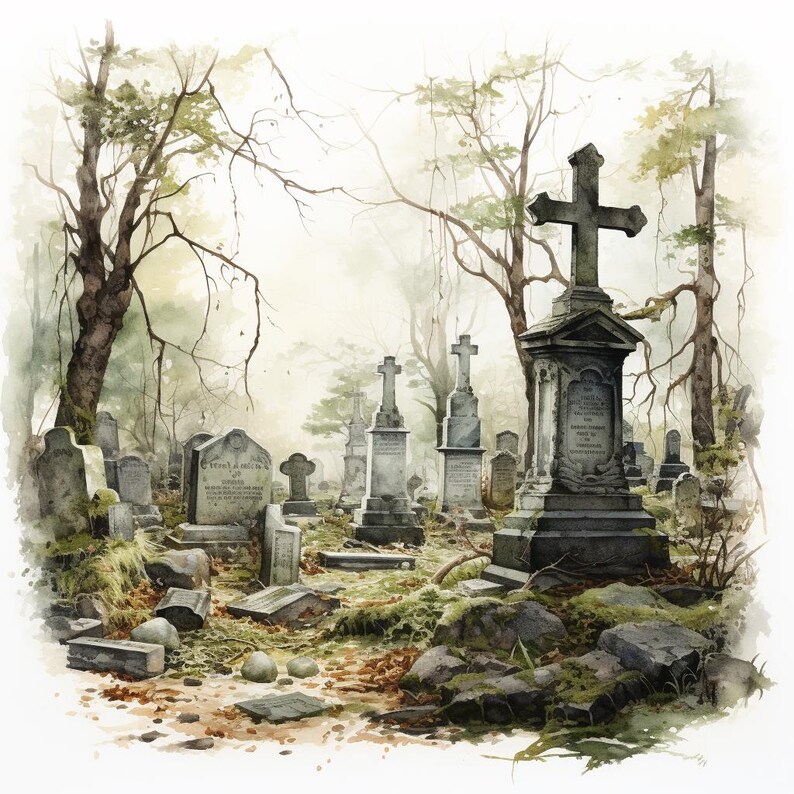 Cemetery Illustration, Gothic Graveyard Clipart, Printable Watercolor ...