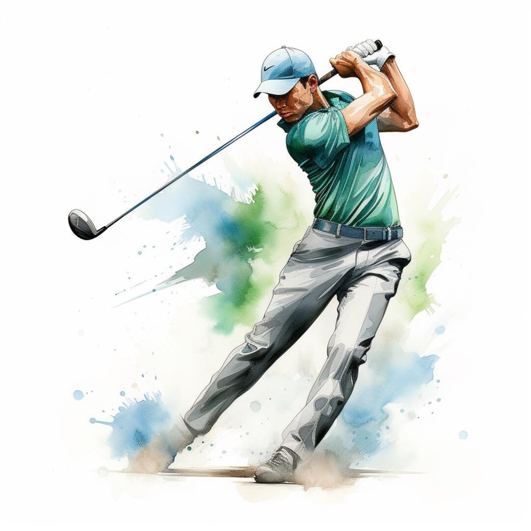 Golfer in Mid-swing, Printable Watercolor Clipart, 10 High Quality ...