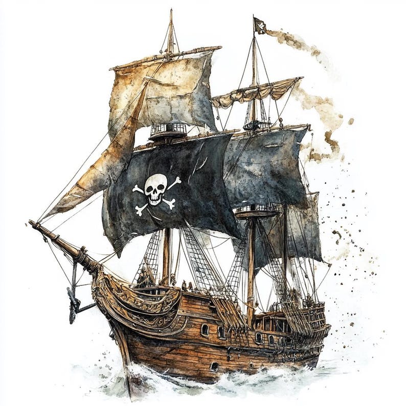 Pirate Ship, Printable Watercolor Clipart, 10 High Quality Watercolor ...