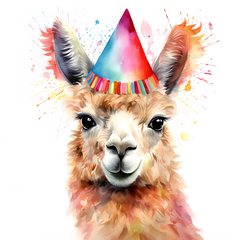 Alpaca in a Birthday Hat, Printable Watercolor Clipart, 10 High Quality ...