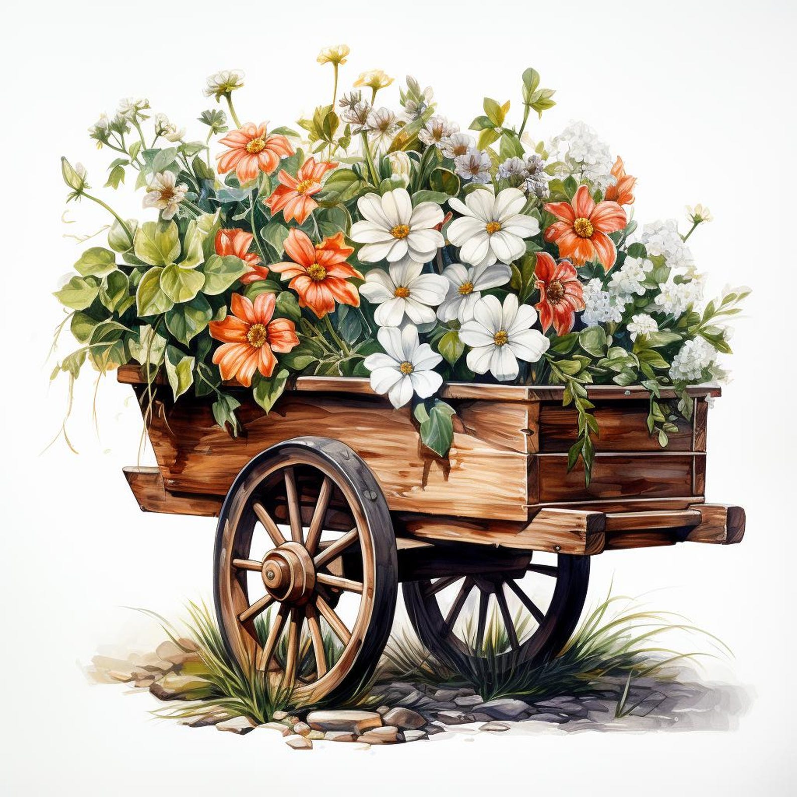 Vintage Wooden Wheelbarrows With Flowers, Printable Watercolor Clipart ...