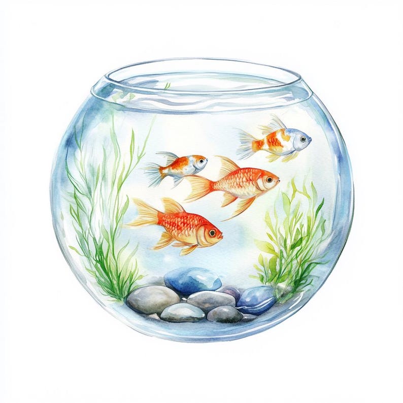 Round Fishbowl Aquarium, Home Fish Tank, Printable Watercolor Clipart ...