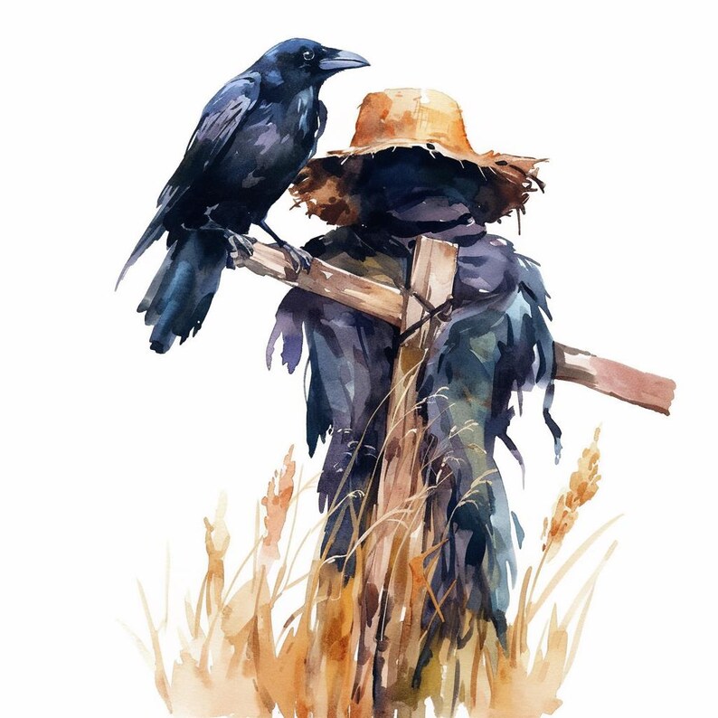 Crow Sitting on Scarecrow, Printable Watercolor Clipart Bundle, 10 High ...