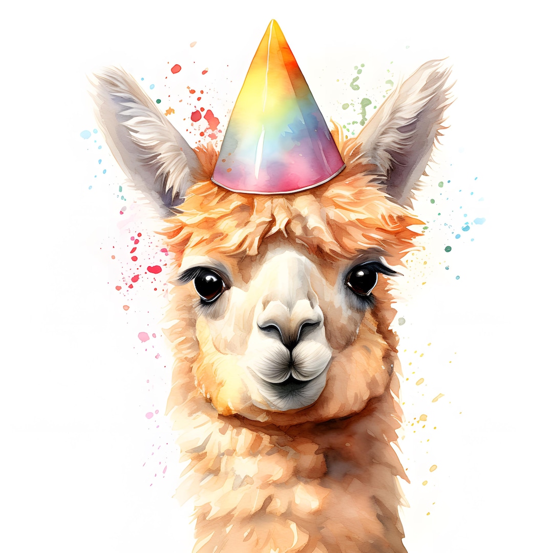 Alpaca in a Birthday Hat, Printable Watercolor Clipart, 10 High Quality ...