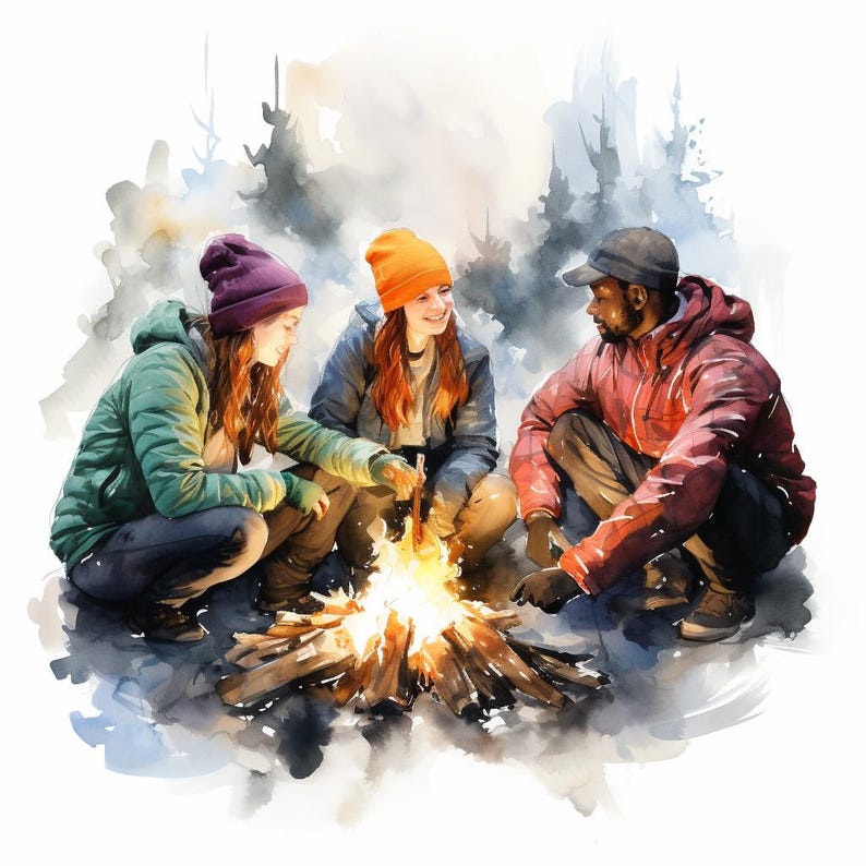 People Sitting by the Campfire, Printable Watercolor Clipart, 10 High ...