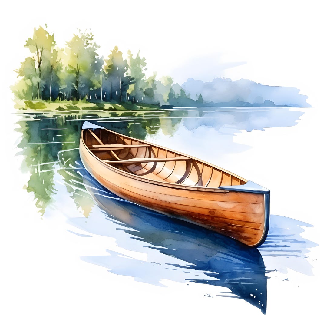 Canoe on a Lake, Serene Nature Scene, Printable Watercolor Clipart ...