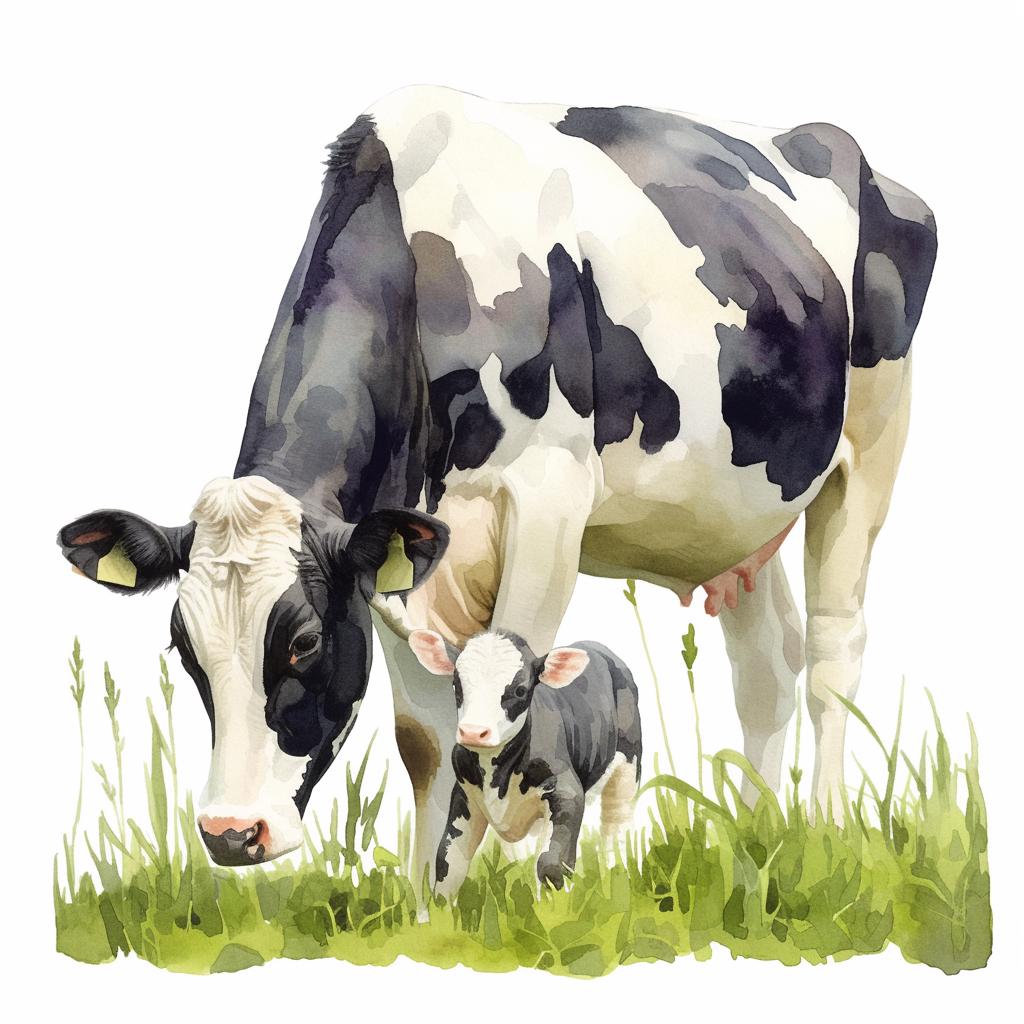 Cow With Calf on a Meadow, Printable Watercolor Clipart Bundle, 10 High ...
