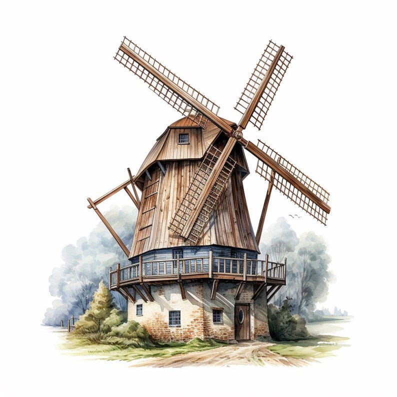 Windmill, Printable Watercolor Clipart Bundle, 10 High Quality ...