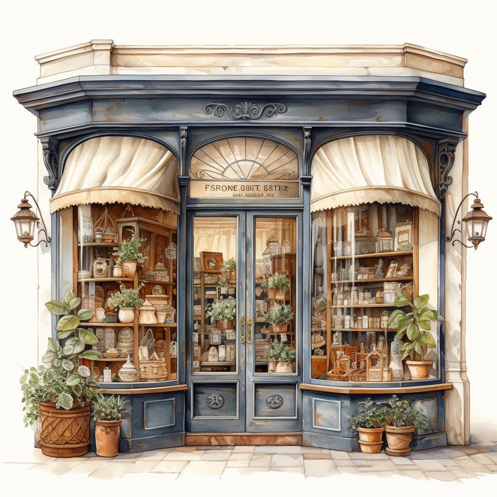 Beautiful Vintage Shop Facade, Printable Watercolor Clipart, 10 High ...