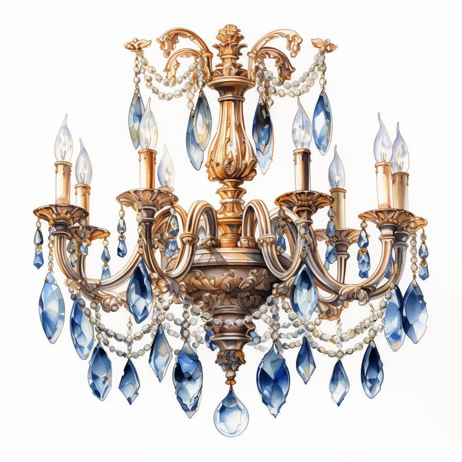 Elegant Chandelier, Printable Watercolor Clipart Bundle, 10 High ...