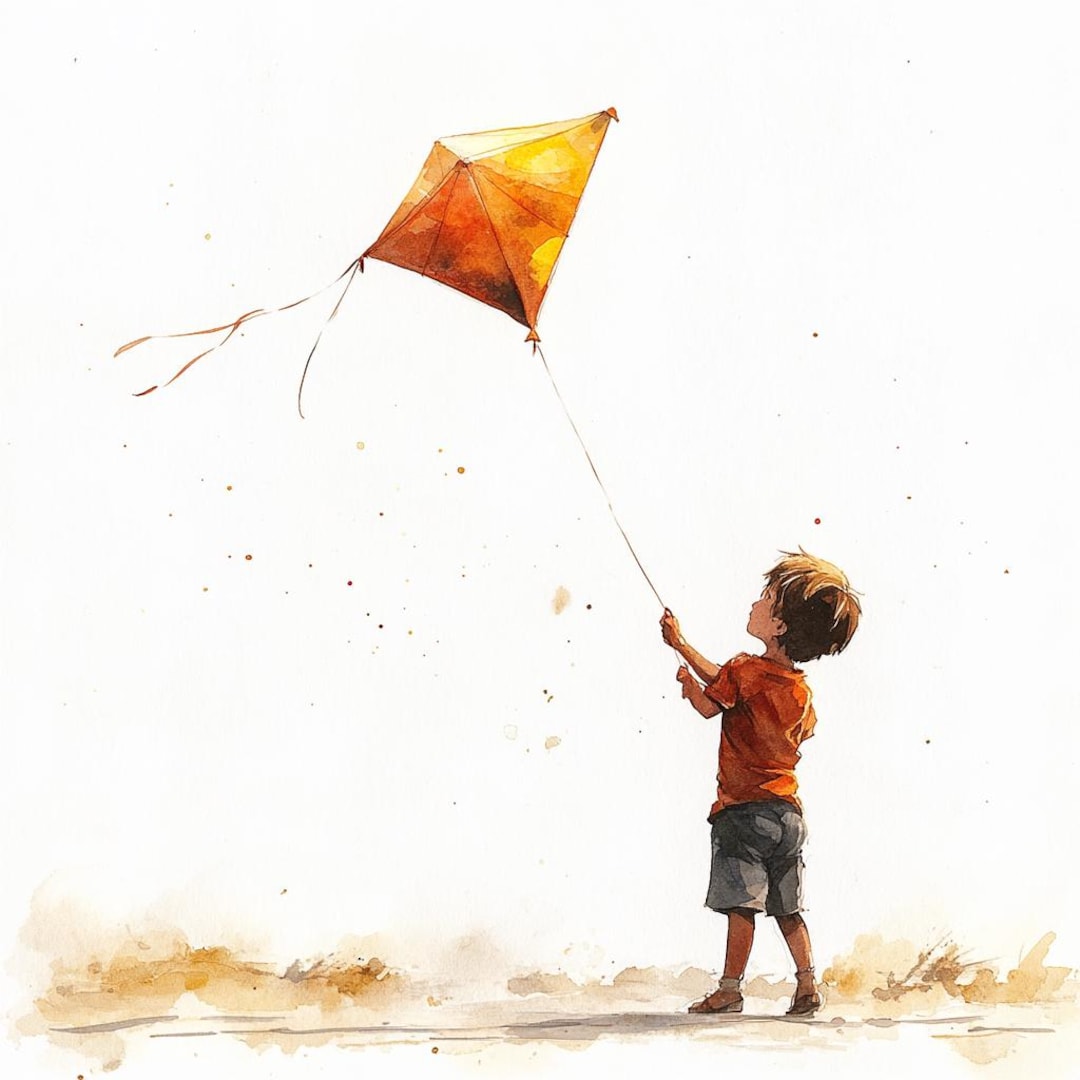 Little Boy Flying a Kite, Printable Watercolor Clipart, 10 High Quality ...