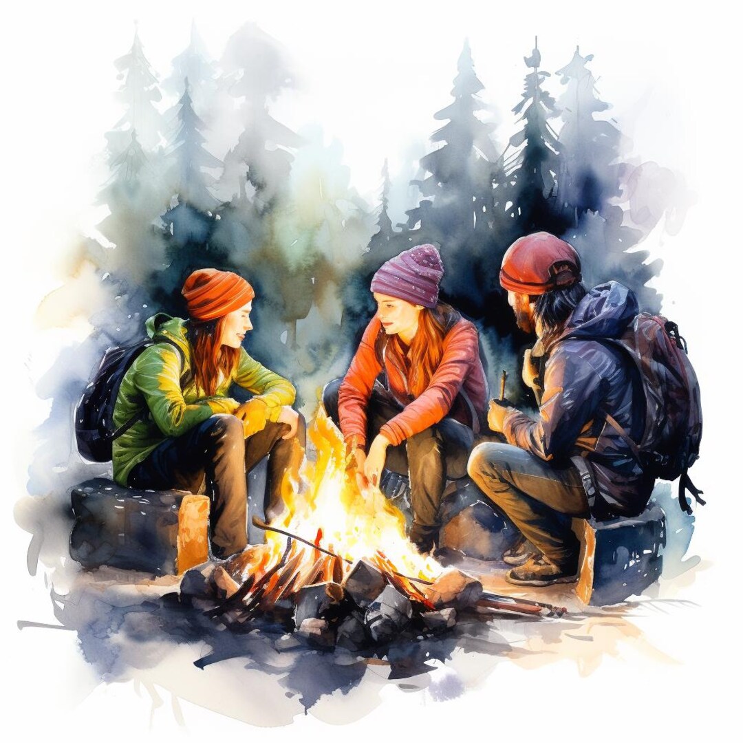People Sitting by the Campfire, Printable Watercolor Clipart, 10 High ...