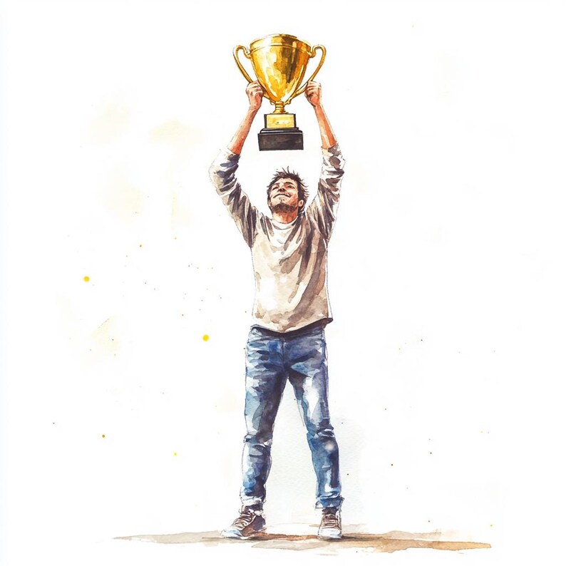 Victorious Man Watercolor Clipart Bundle: Champion Trophy Art, 10 ...