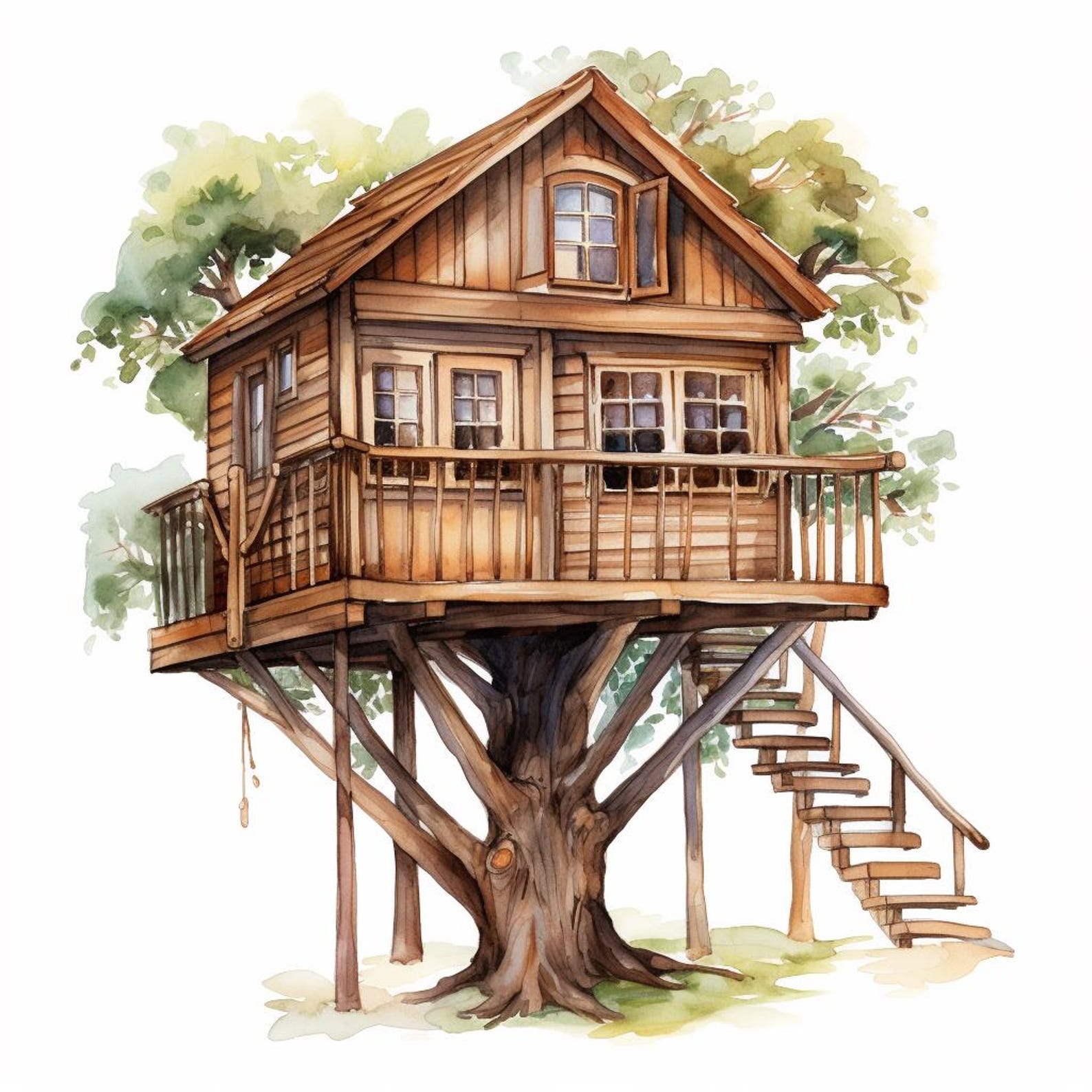 Cozy Wooden Treehouse, Charming Tree House, Printable Watercolor ...