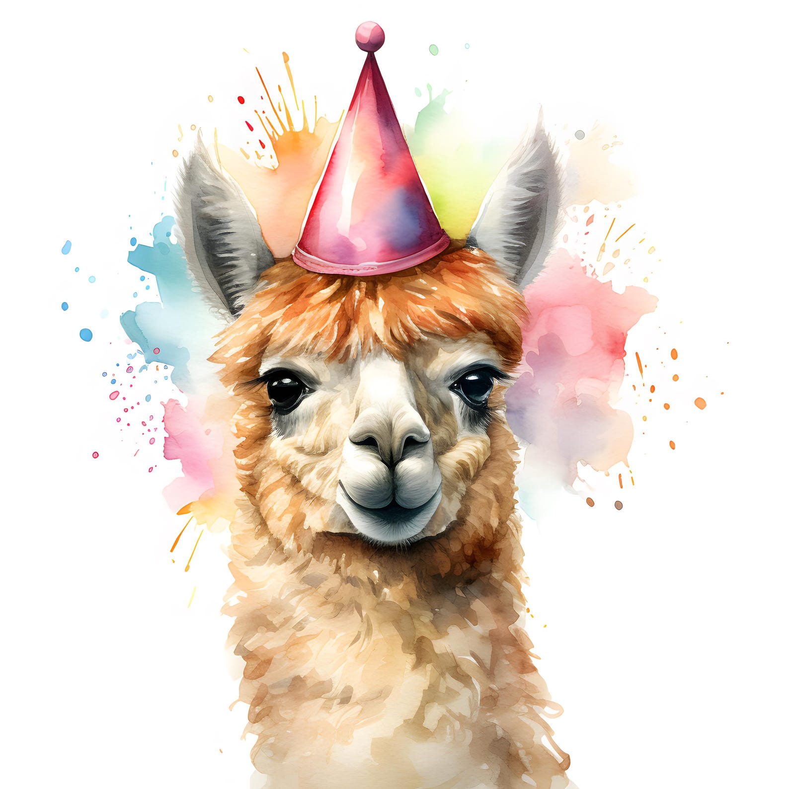 Alpaca in a Birthday Hat, Printable Watercolor Clipart, 10 High Quality ...