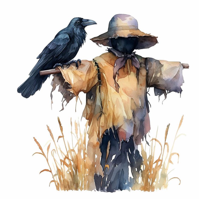 Crow Sitting on Scarecrow, Printable Watercolor Clipart Bundle, 10 High ...