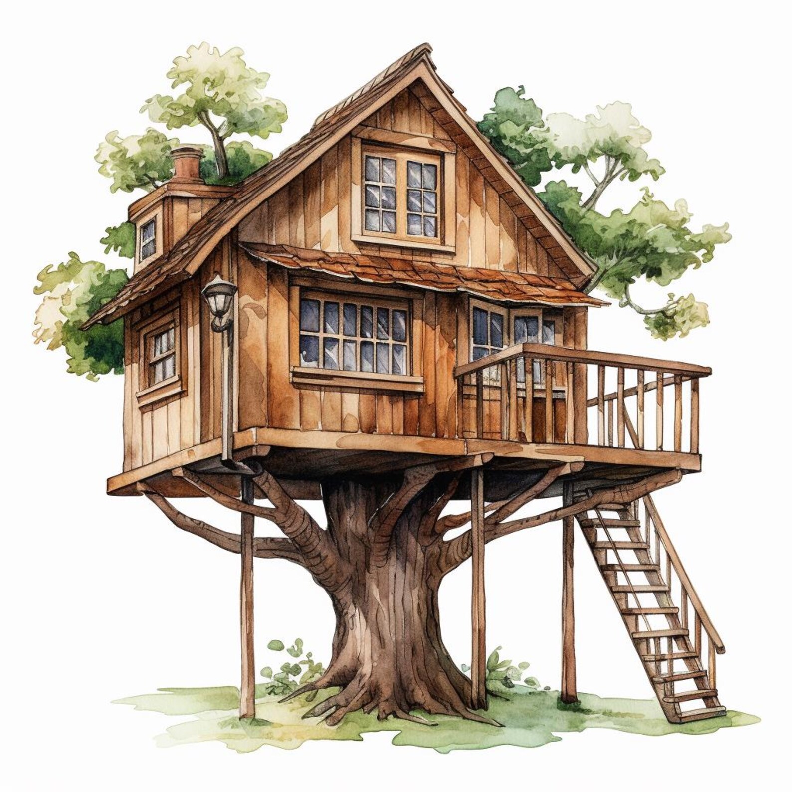 Cozy Wooden Treehouse, Charming Tree House, Printable Watercolor ...