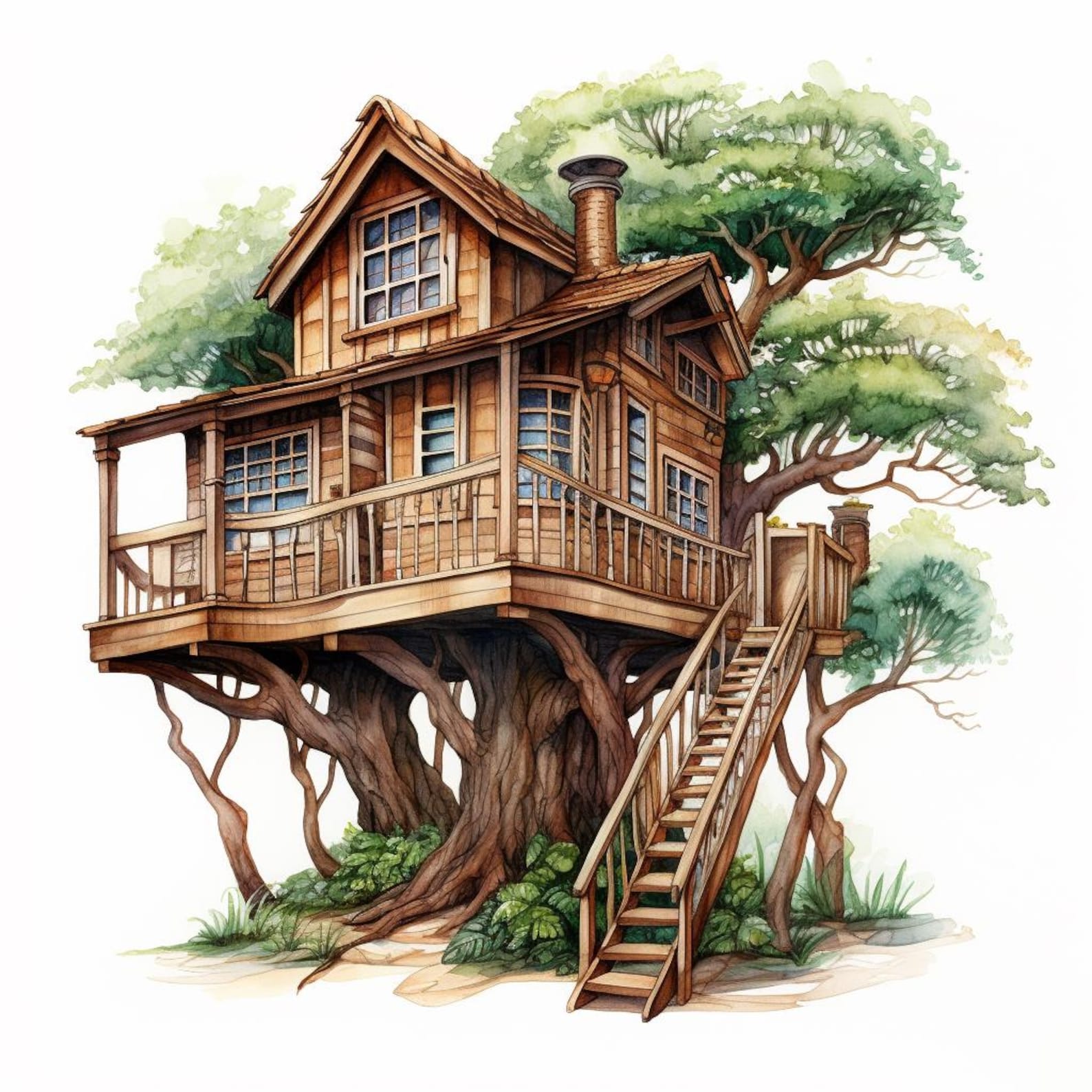Cozy Wooden Treehouse, Charming Tree House, Printable Watercolor ...