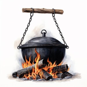 Cauldron Over Fire, Printable Watercolor Clipart, 10 High Quality ...