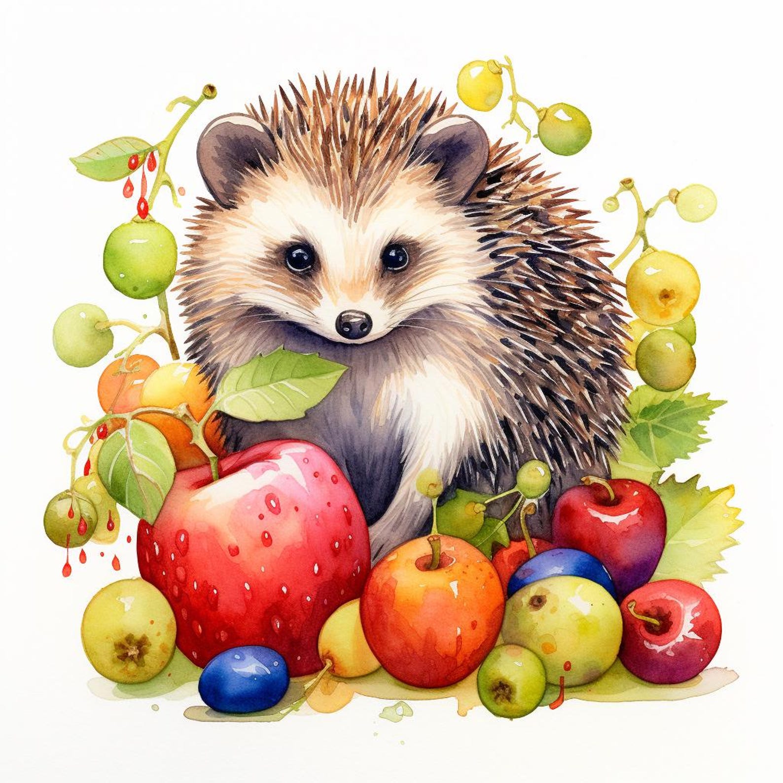 Hedgehog With Vegetables, Printable Watercolor Clipart, 10 High Quality ...