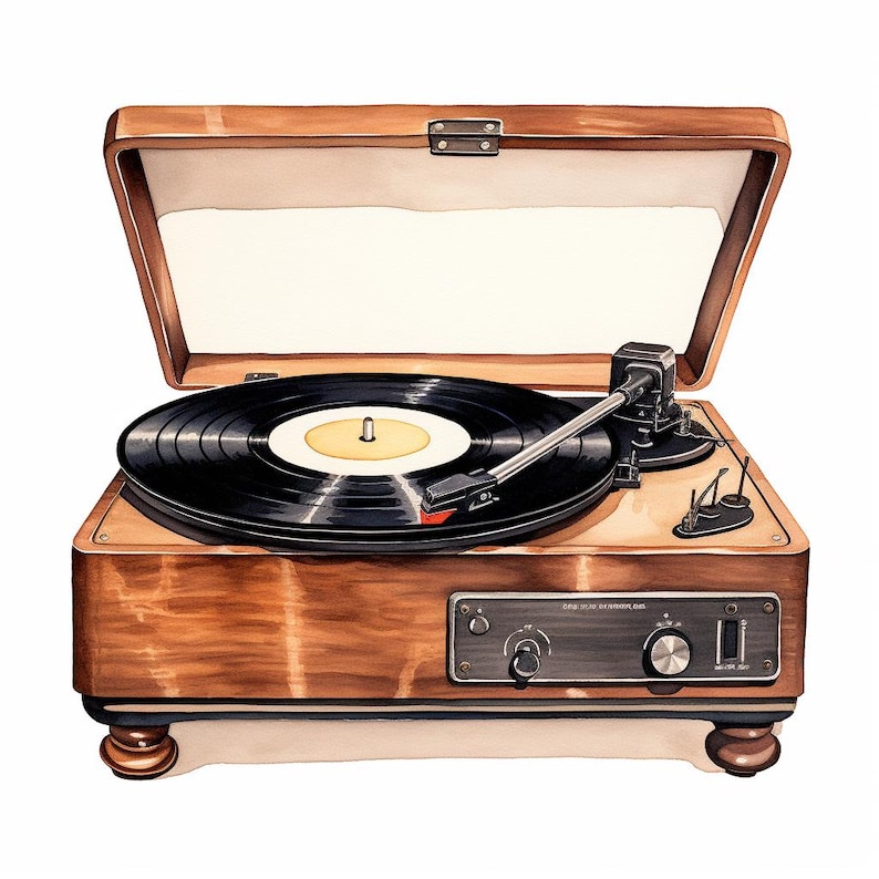 Vintage Vinyl Record Player, Printable Watercolor Clipart, 10 High ...