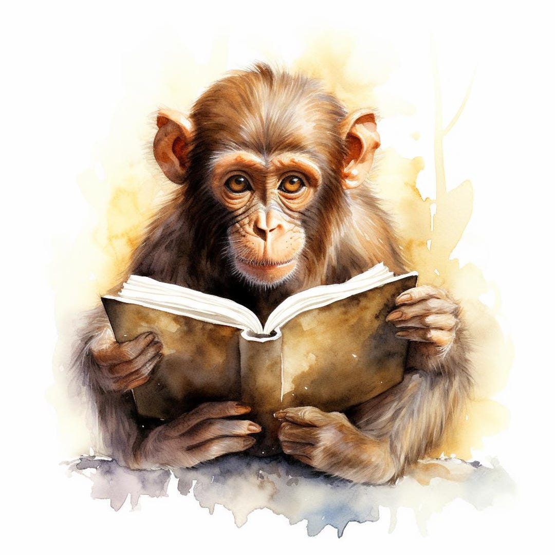 Monkey Reading, Printable Watercolor Clipart, 10 High Quality ...