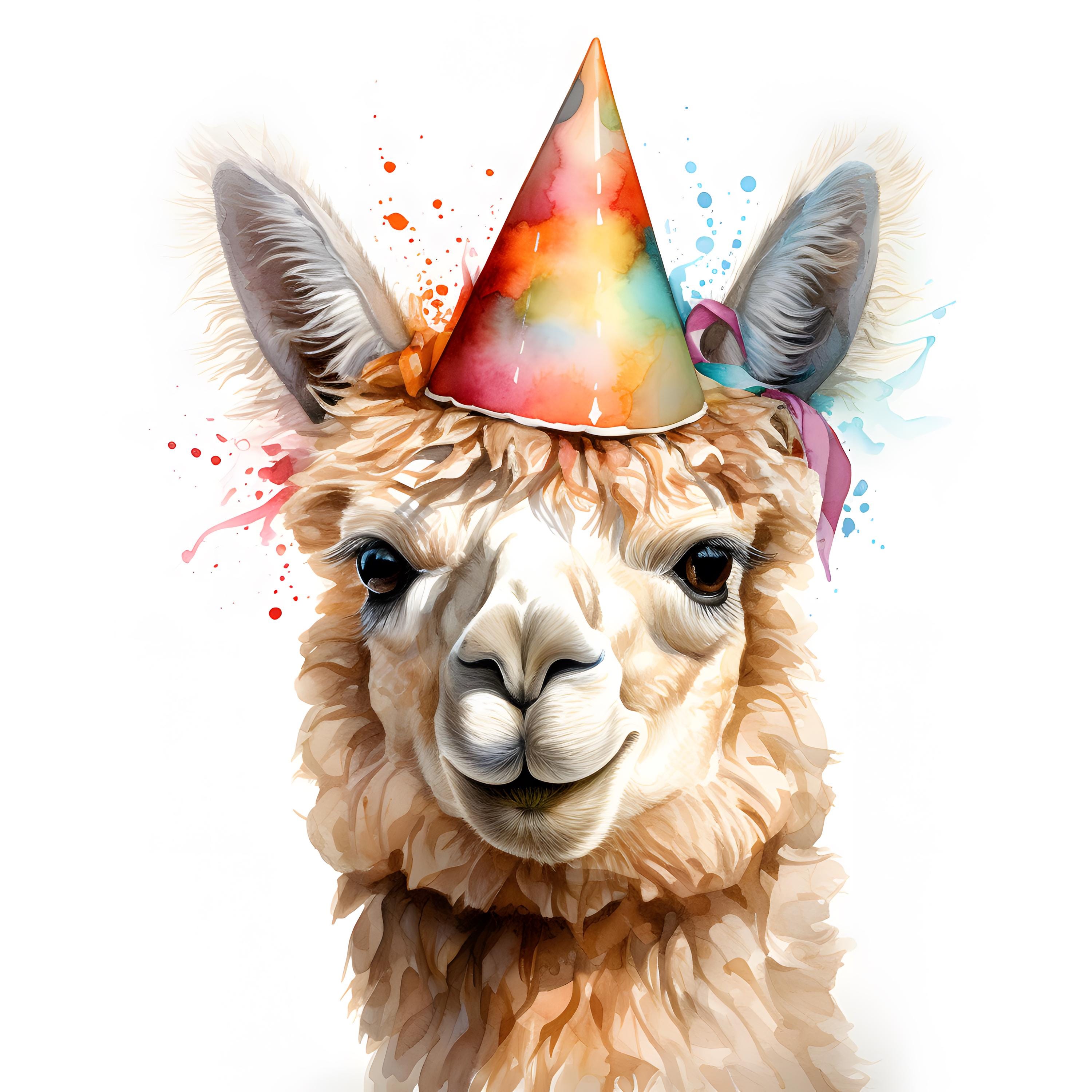 Alpaca in a Birthday Hat, Printable Watercolor Clipart, 10 High Quality ...