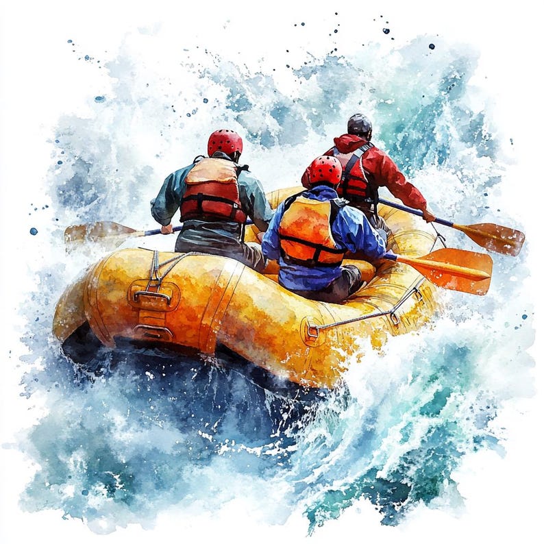 Rafting, People on Inflatable Boat With Paddles, Printable Watercolor ...