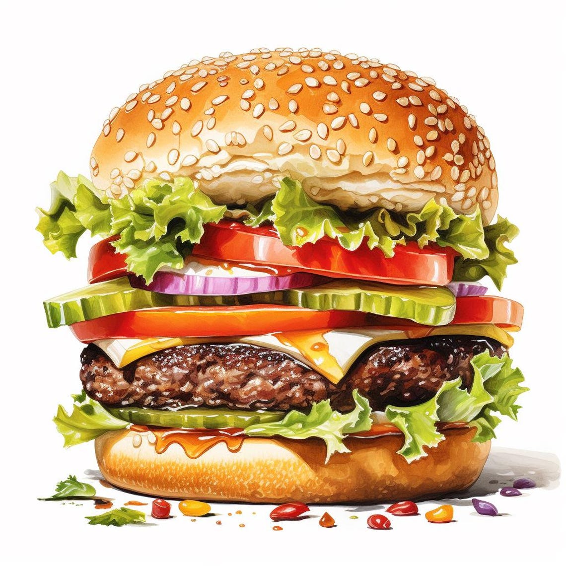 Burger, Printable Watercolor Clipart Bundle, 10 High Quality Watercolor ...