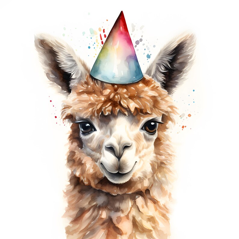 Alpaca in a Birthday Hat, Printable Watercolor Clipart, 10 High Quality ...