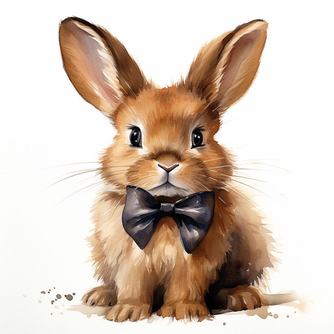 Rabbit With Bow, Printable Watercolor Clipart, 10 High Quality ...